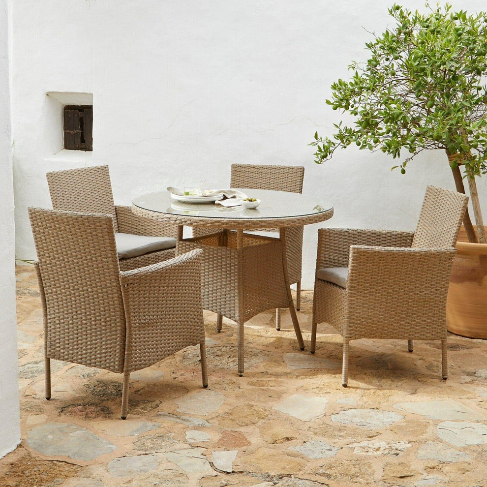 Kemble 4 Seater Rattan Round Garden Dining Table & Chair Set - Natural ...